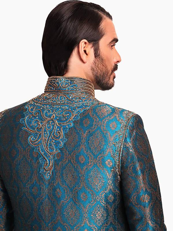 Teal Raw Silk Brocade Sherwani Diamond Bar California CA USA Pakistani ...